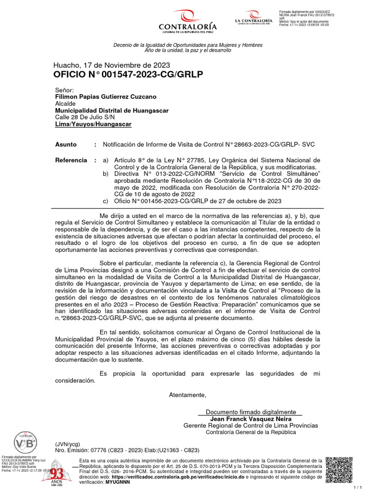 Oficio de Notificacion N°1547-2023-CG-GRLP | PDF | Justicia | Crimen y ...