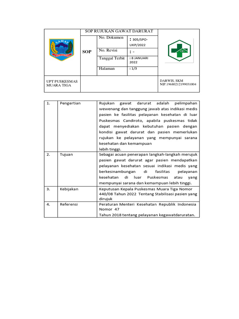 CONTOH SOP RUJUKAN GAWAT DARURAT(fiks) | PDF
