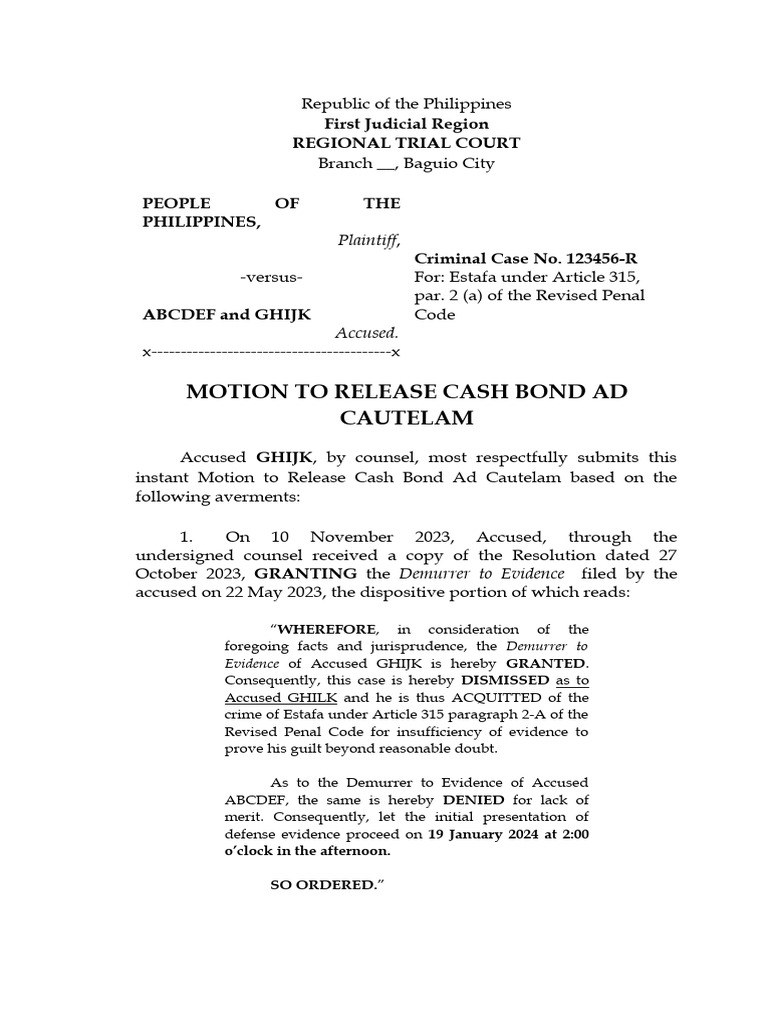 23-11-22 Motion To Release Cash Bond Ad Cautelam | Download Free PDF ...