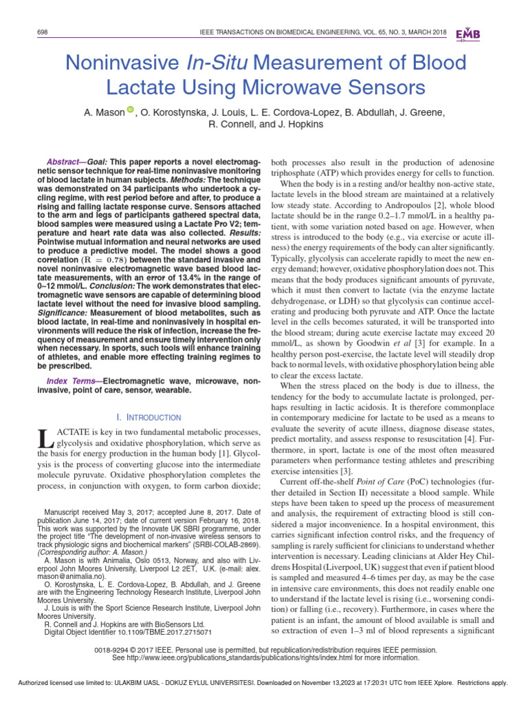Noninvasive In-Situ Measurement of Blood Lactate Using Microwave ...