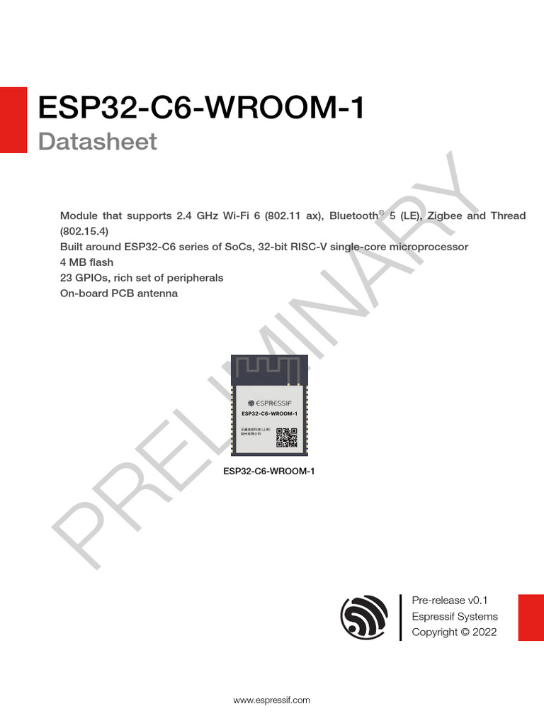Espressif ESP32 C6 WROOM 1 Datasheet V0 1 PRELIMI-3084675 | PDF | System On A Chip | Microcontroller