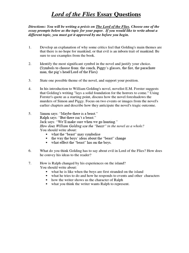 Lord of the Flies Essay Prompts | PDF