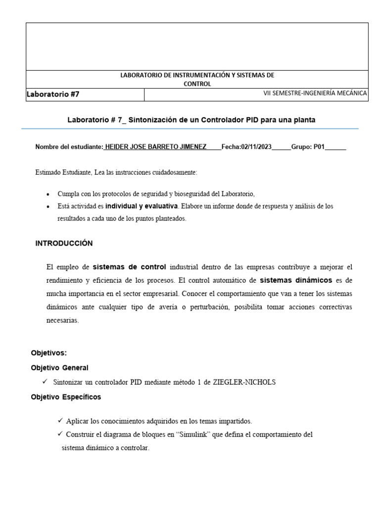 Sintonización PID en Control de Sistemas | PDF | Laboratorios | Matemáticas Aplicadas