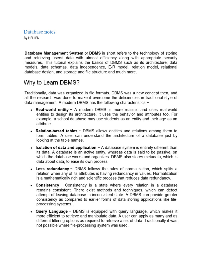 Database Notes | PDF | Databases | Relational Database Database Notes | PDF | Databases | Relational Database