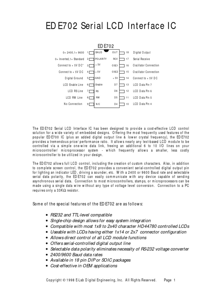 EDE702 Serial LCD Interface IC | PDF | Microcontroller | Liquid Crystal ...