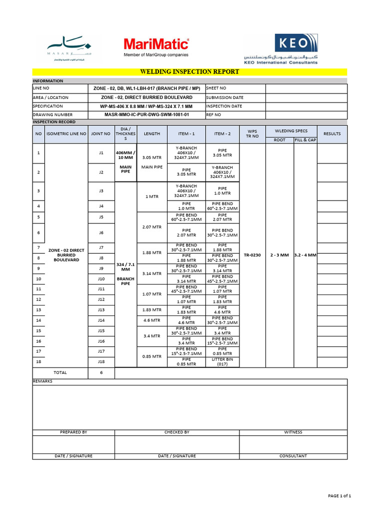 Welding Record - LB - 017 (MP & BP) DWG - 1081 | PDF