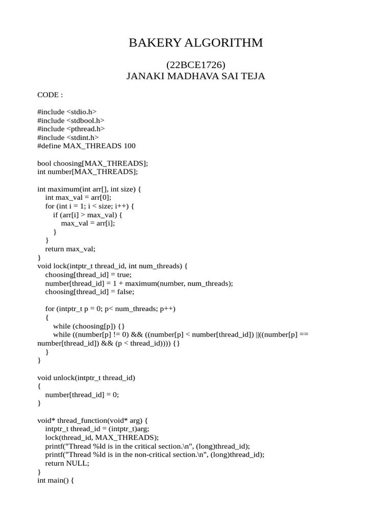 (22BCE1726) Bakery Algorithm | PDF