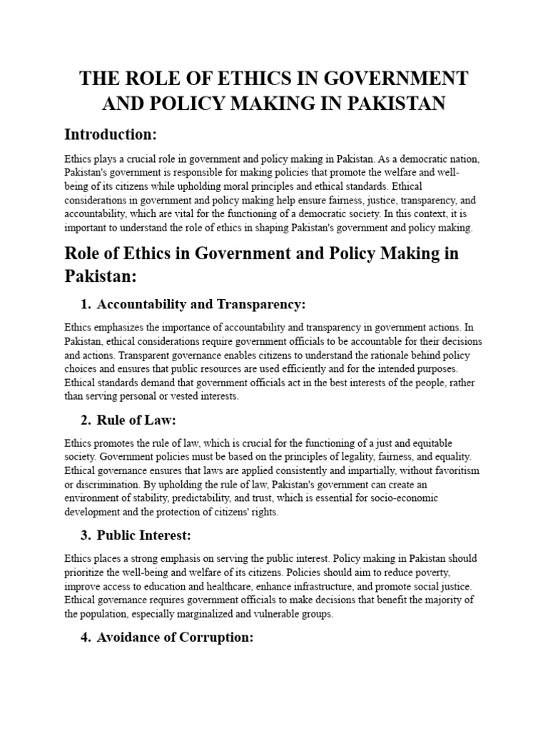 The Role of Ethics in Government and Policy Making in Pakistan | PDF ...