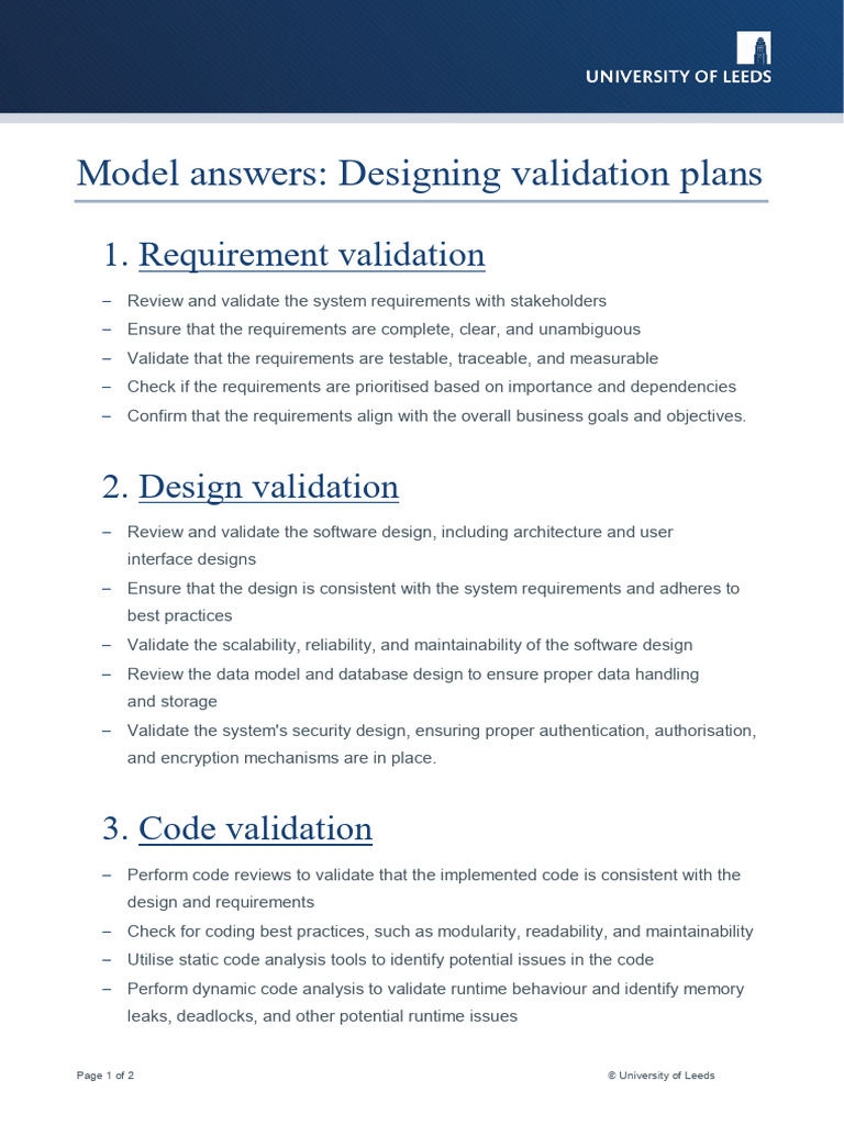 Un 6 Model Answers Designing Validation Plans Pdf Computing
