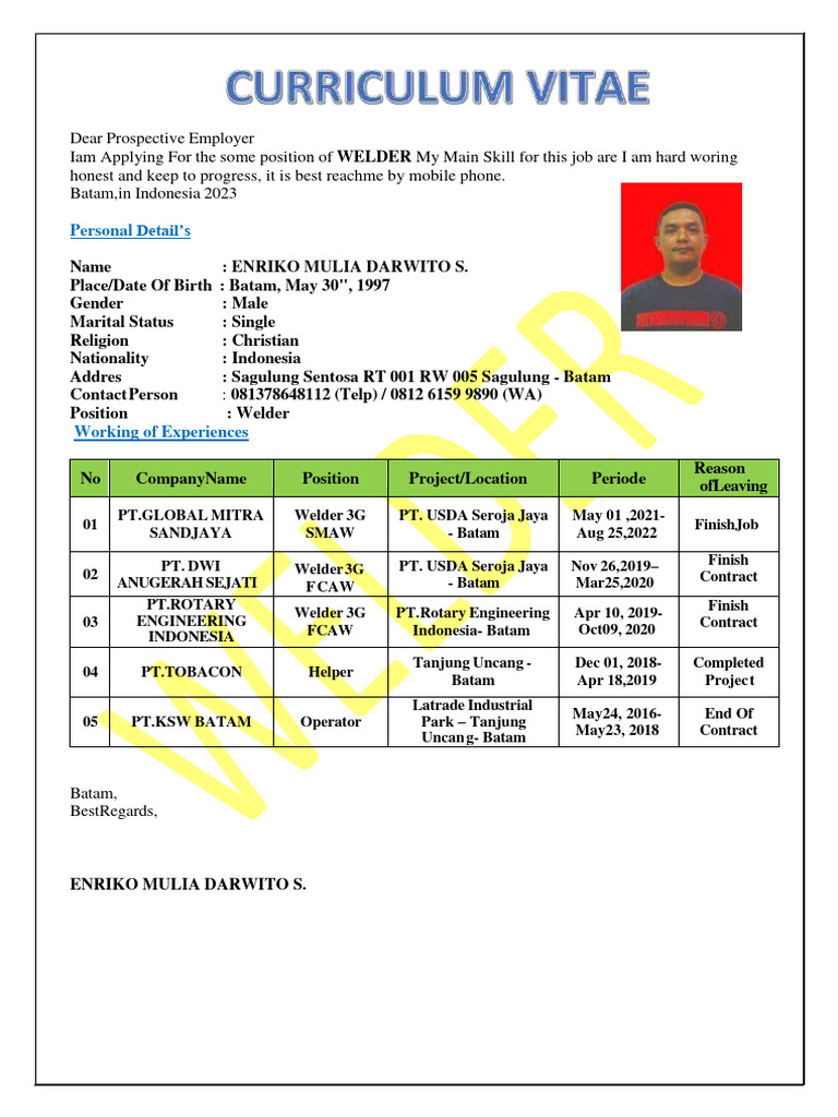 CV of Welder Enriko Mulia Darwito | PDF | Technology & Engineering