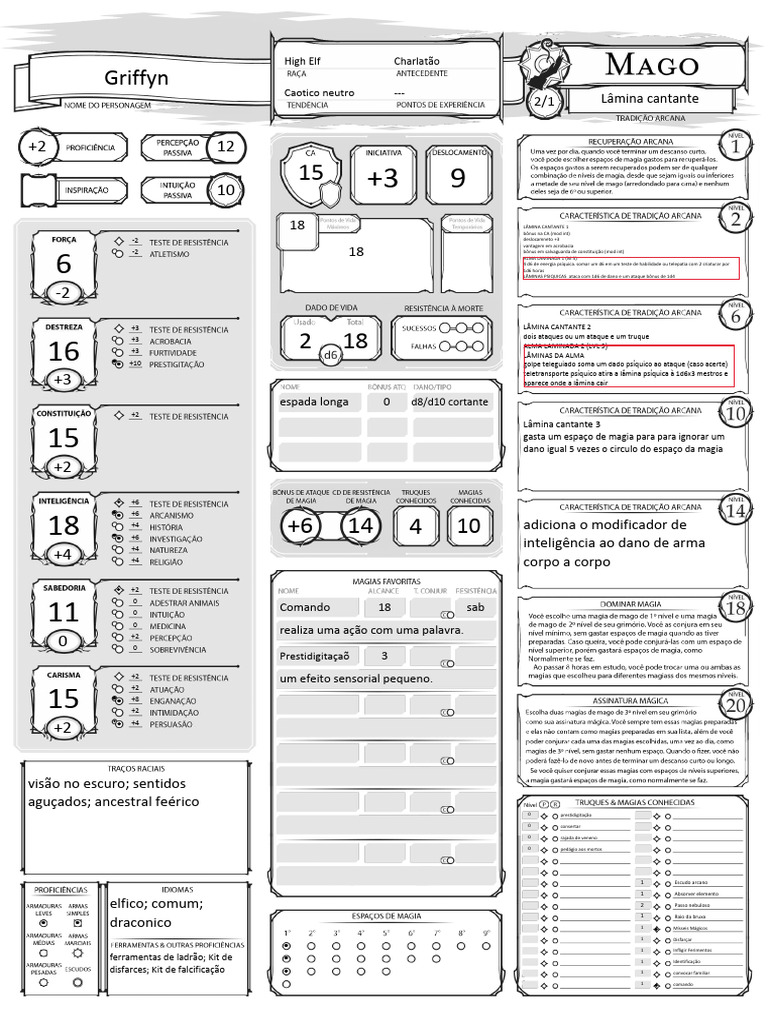 DND 5e - Ficha - Mago - Editavel | PDF