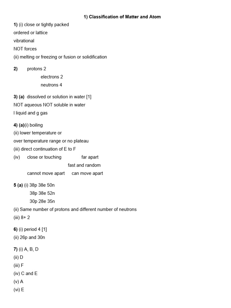 Classification of Matter and Atom p4 HW Ans | PDF | Proton | Electron