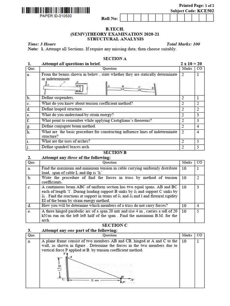 Btech Ce 5 Sem Structural An02 2021 | PDF | Bending | Truss Btech Ce 5 Sem Structural An02 2021 | PDF | Bending | Truss