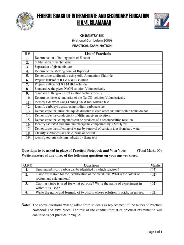 SSC Chemitry List of Practical and Questions | PDF | Hydrochloric Acid ...