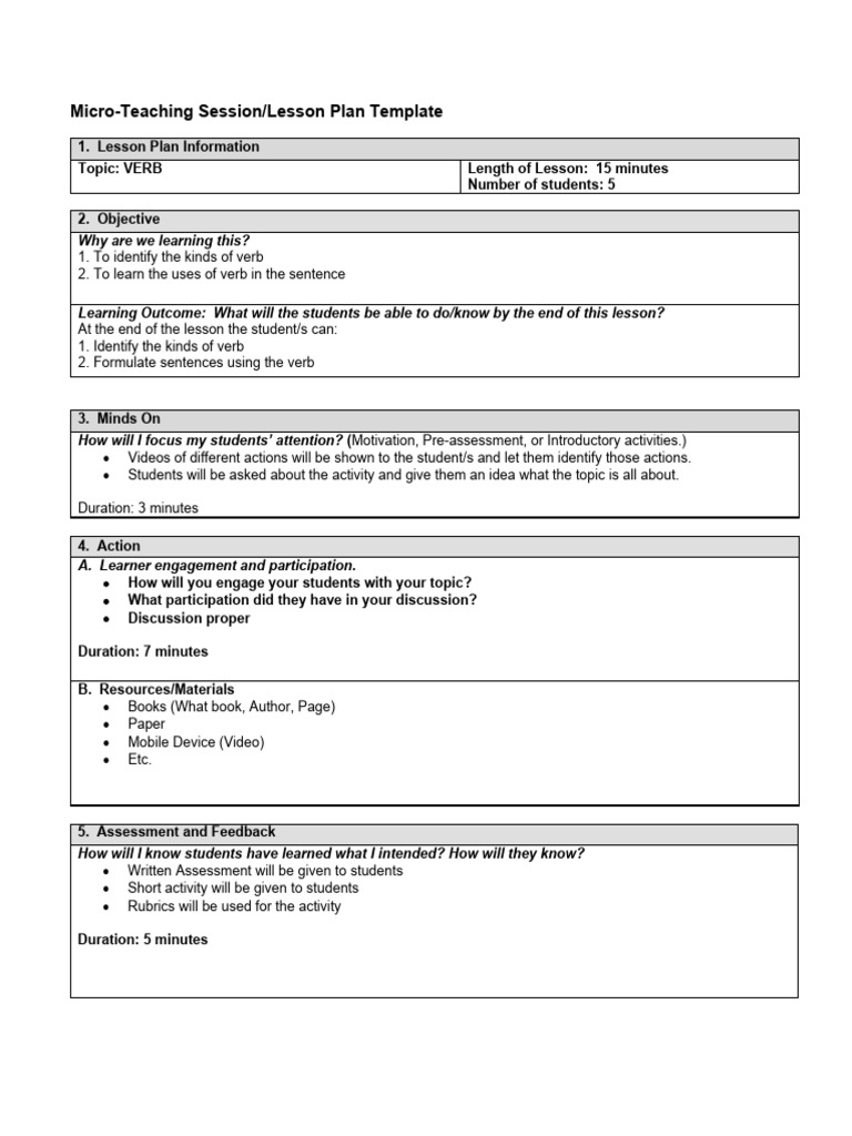 Lesson Plan Micro Teaching - Verb | PDF