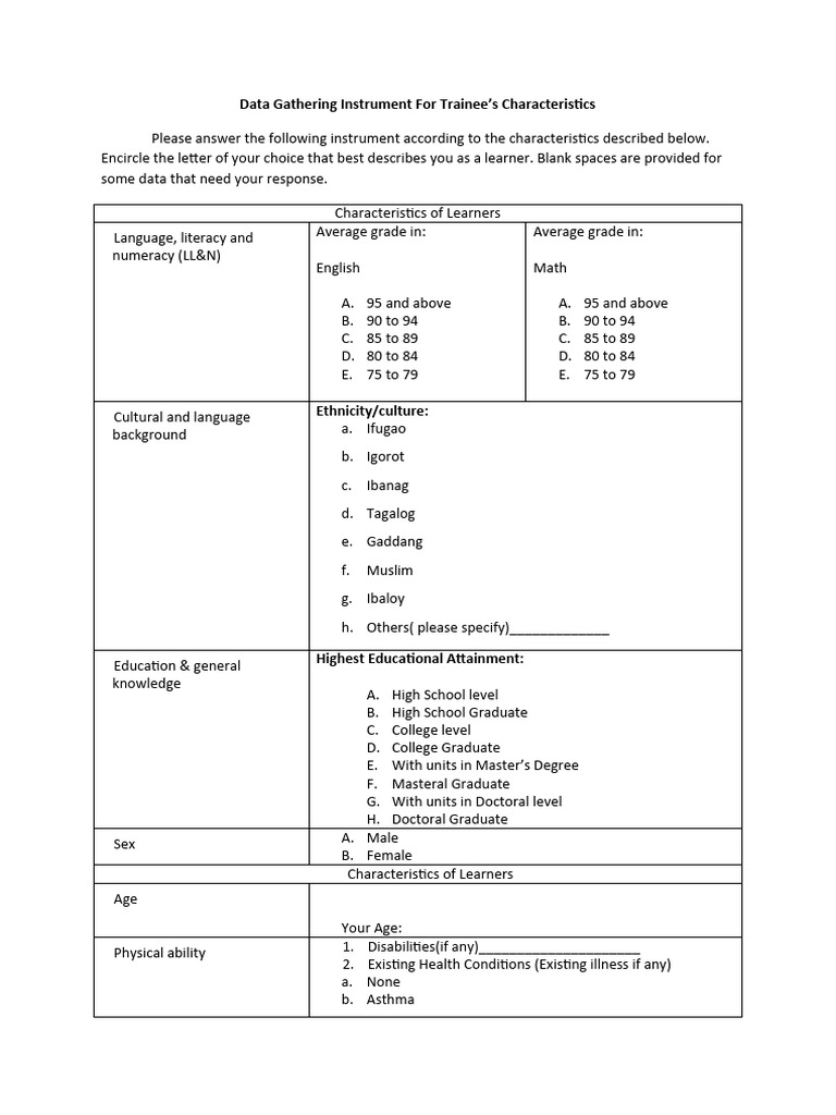 Data Gathering Instrument For Trainee's Characteristics | PDF ...