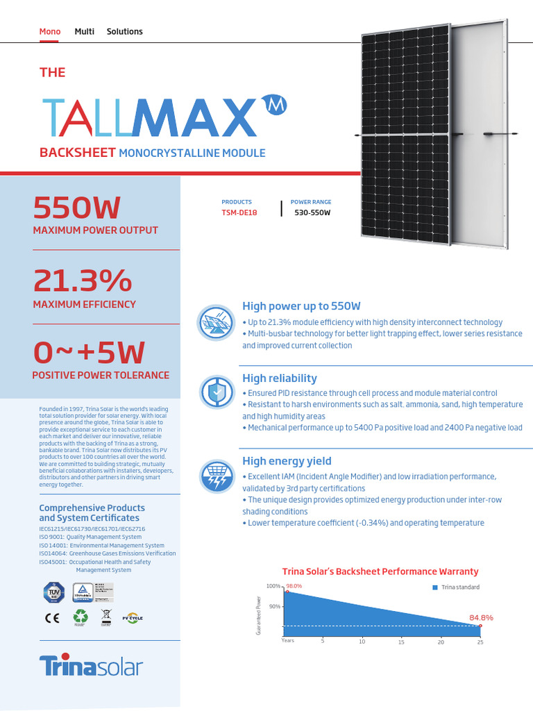 Trina 550W Tallmax DE18 | PDF | Photovoltaics | Solar Panel