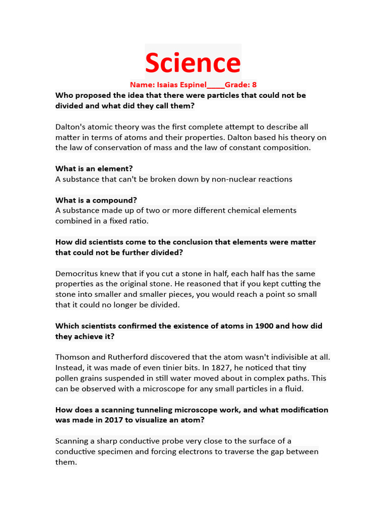 Atomic Theory for 8th Graders | PDF | Science & Mathematics