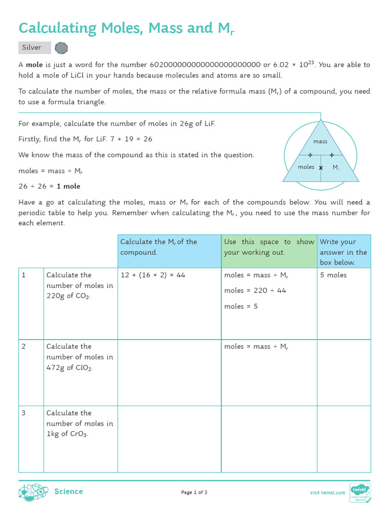 WS11C Calculating Moles Mass and MR Bronze Activity Sheet | PDF | Chemical Compounds | Physical ...