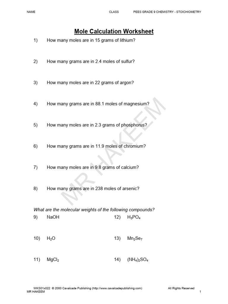 WS5 Mole Calculation Practice Mass Ms | PDF | Hydroxide | Aluminium
