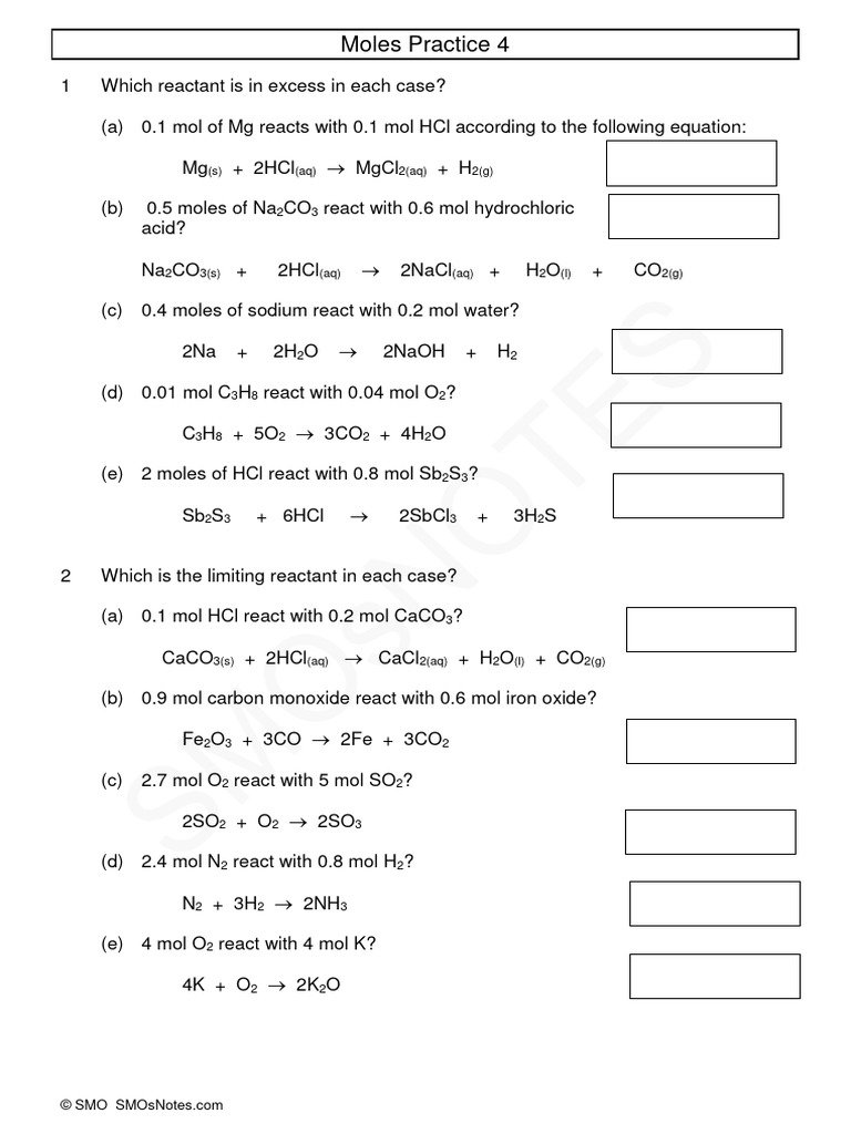 Limiting and Excess Reactants Practice | PDF