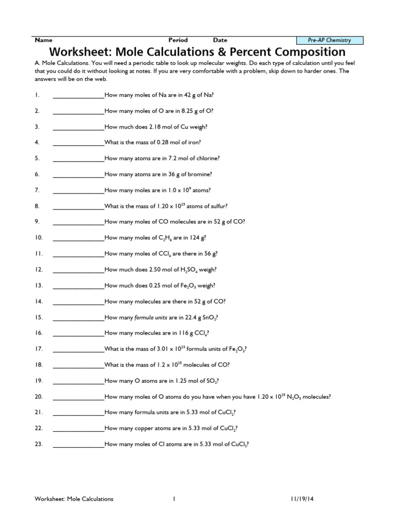 WS13 Worksheet-Mole Calculations | PDF | Mole (Unit) | Molecules