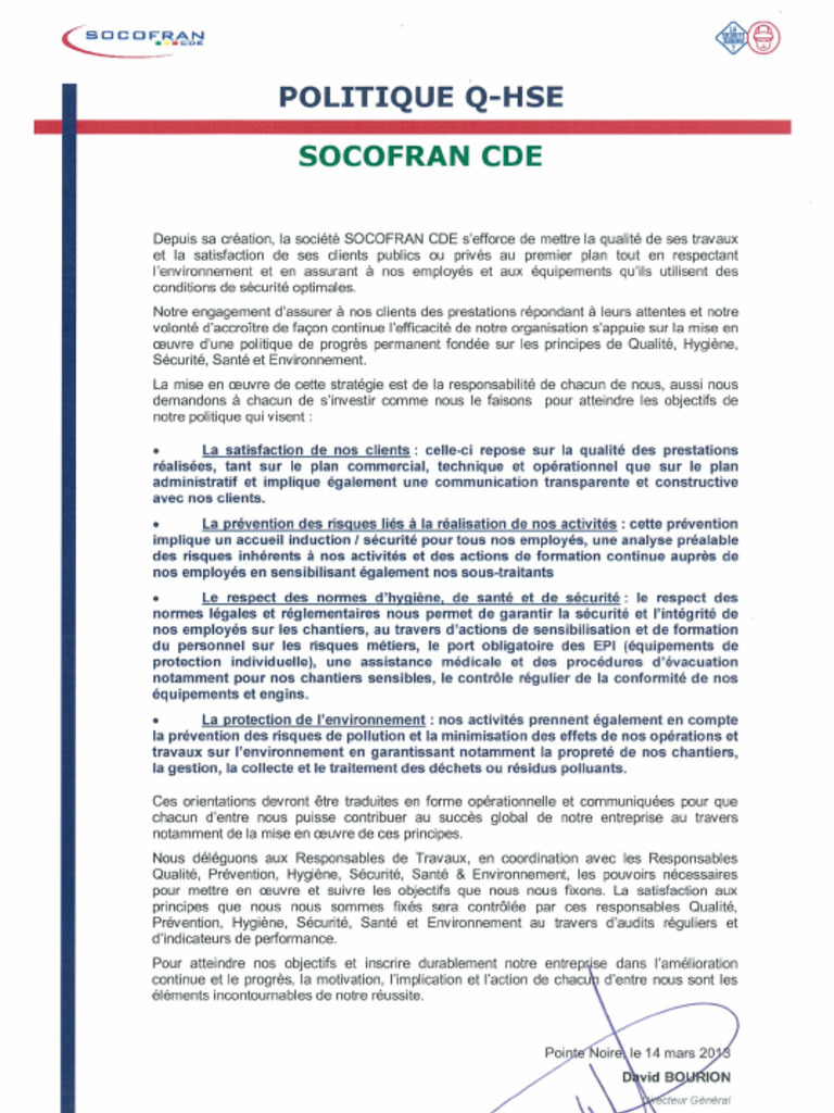 Socofran CDE Politique QHSE | PDF