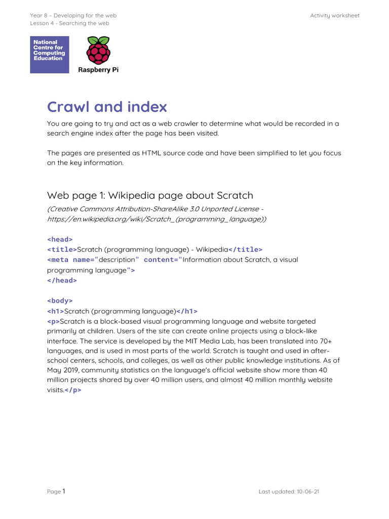 A1 Worksheet - Crawl and Index | PDF | Scratch (Programming Language) | Search Engine Indexing