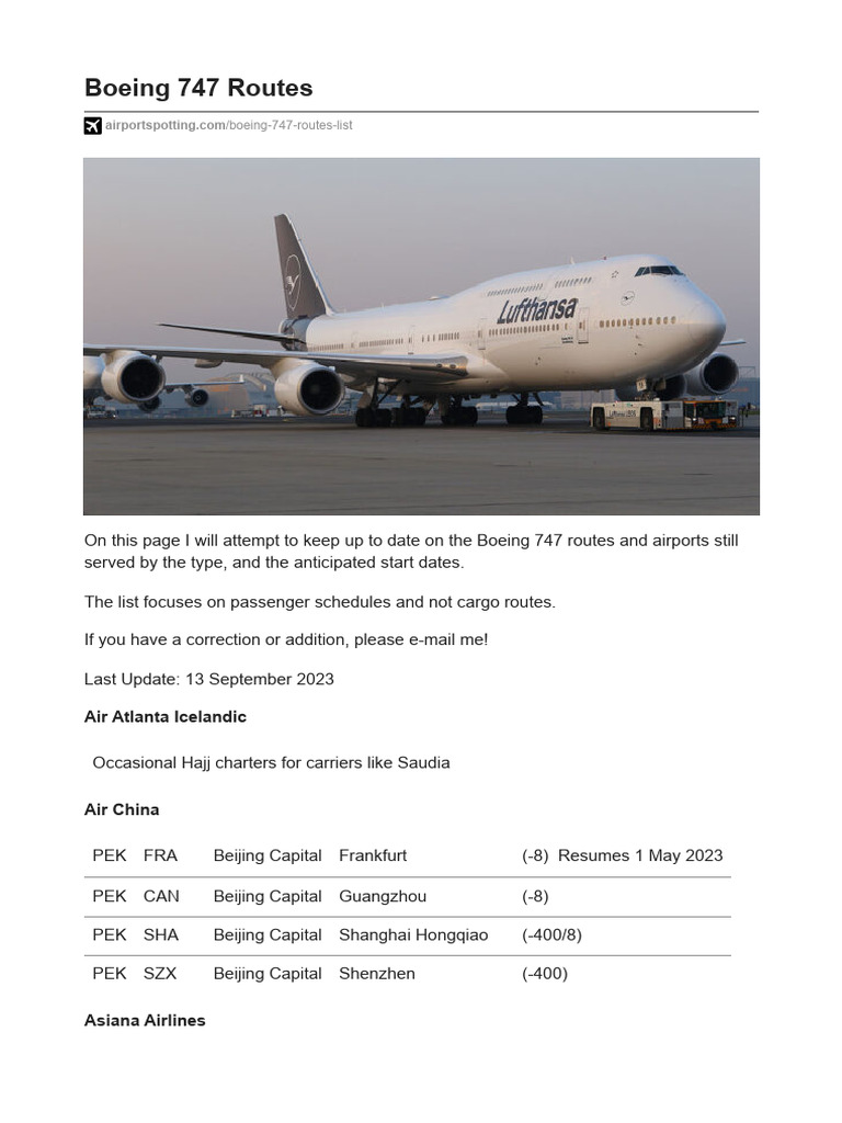 Boeing 747 Routes - Airport Spotting | PDF | Aeronautics | Transport ...