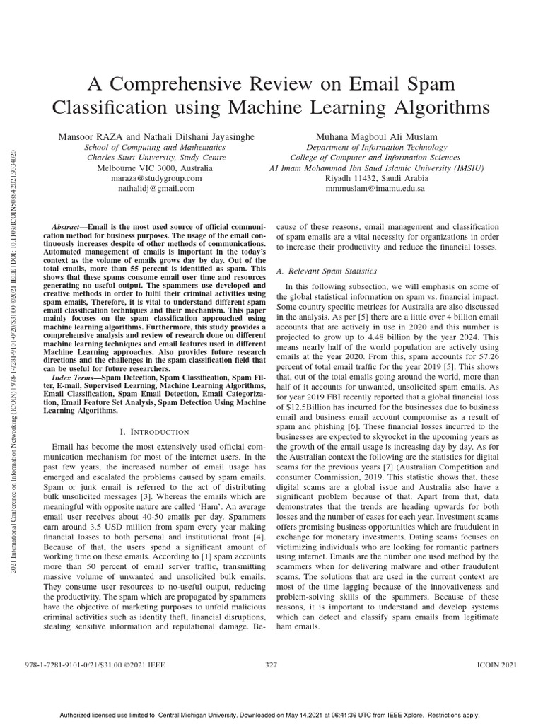 Review (3) A Comprehensive Review On Email Spam Classification Using Machine Learning Algorithms ...