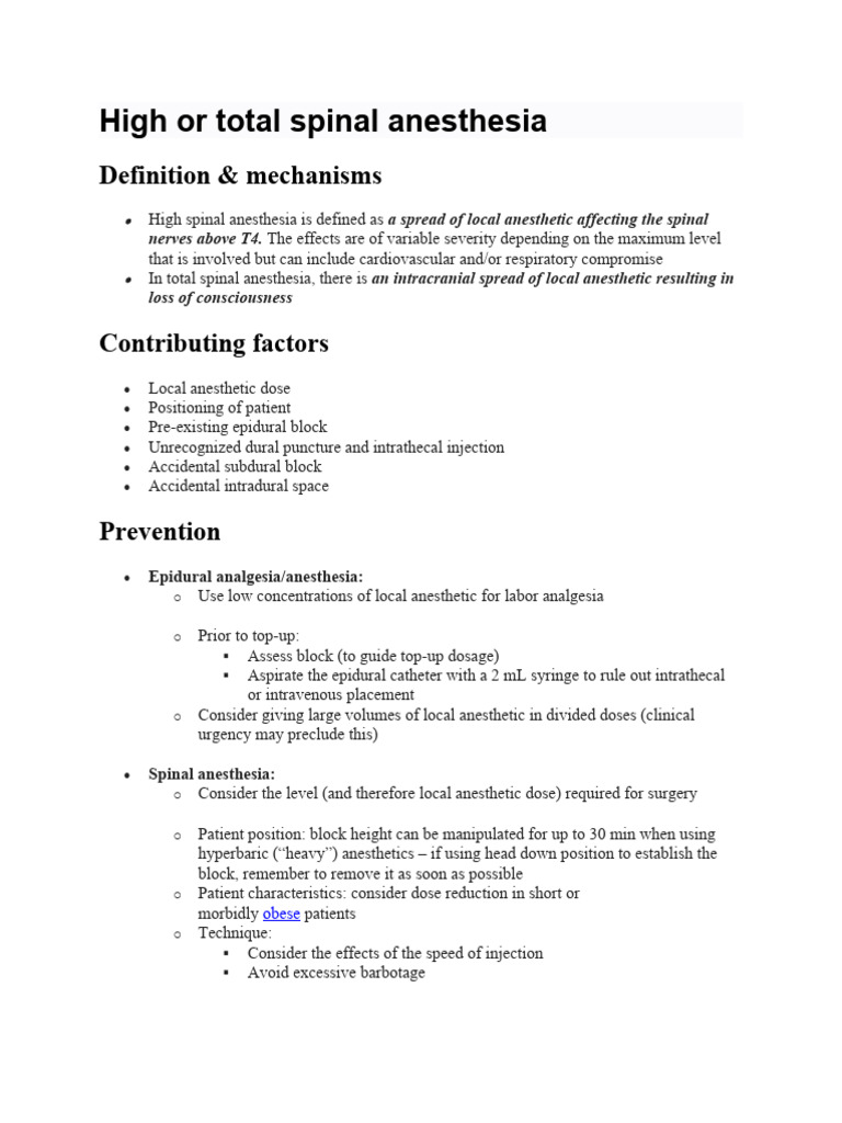 High or Total Spinal Anesthesia | PDF | Anesthesia | Health Care