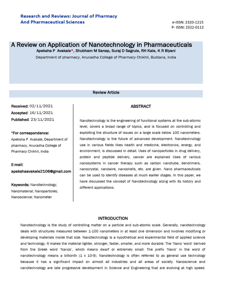 A Review On Application of Nanotechnology in Pharmaceuticals | PDF | Nanotechnology | Nanomedicine