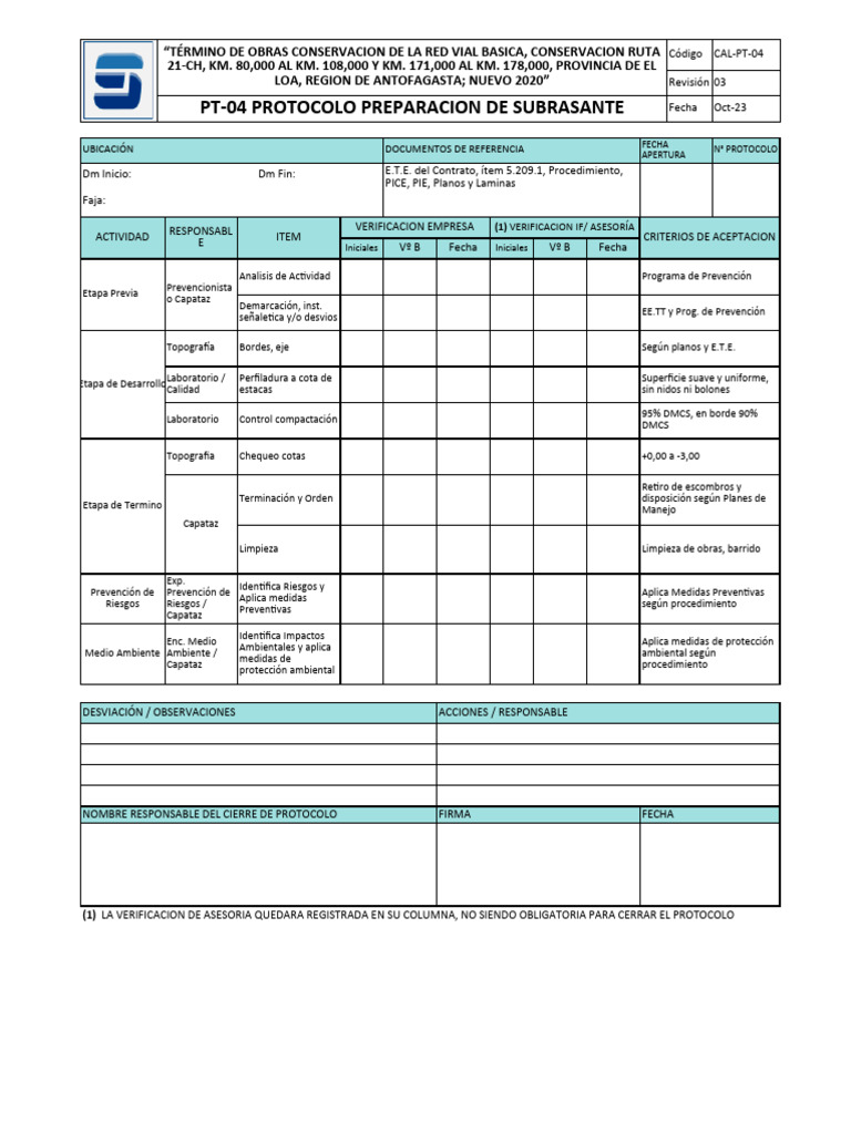 X221-CAL-PT-04 Preparación de La Subrasante Rev03 | PDF | Entorno ...
