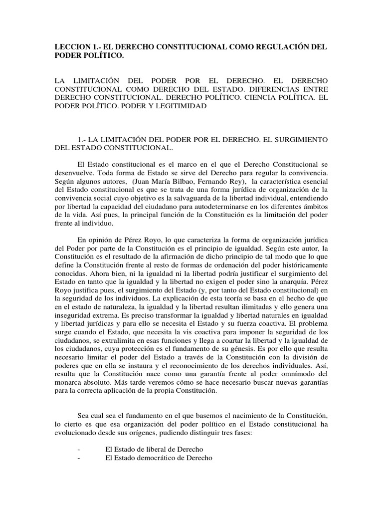 LECCION 1.EL DERECHO CONSTITUCIONAL COMO REGULACION DEL PODER POLÃ TICO ...