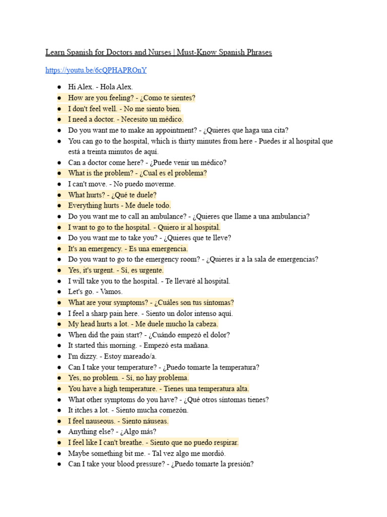 Learn Spanish For Doctors and Nurses Must-Know Spanish Phrases | PDF ...