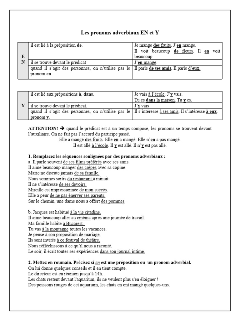 Les Pronoms Adverbiaux en Et y | PDF | Pronom | Linguistique