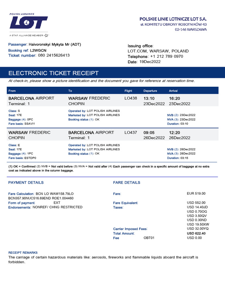 Your Electronic Ticket-EMD Receipt | Download Free PDF | Aviation