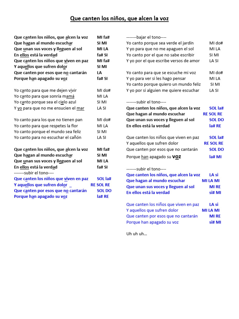 Que Canten Los Niños Que Alcen La Voz Musica | PDF