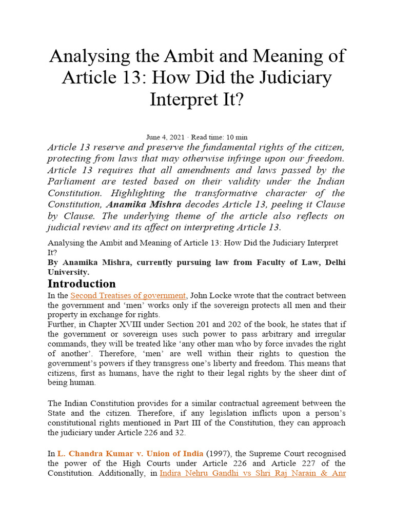 Analysing The Ambit and Meaning of Article 13 | PDF | Constitution | Constitutional Law