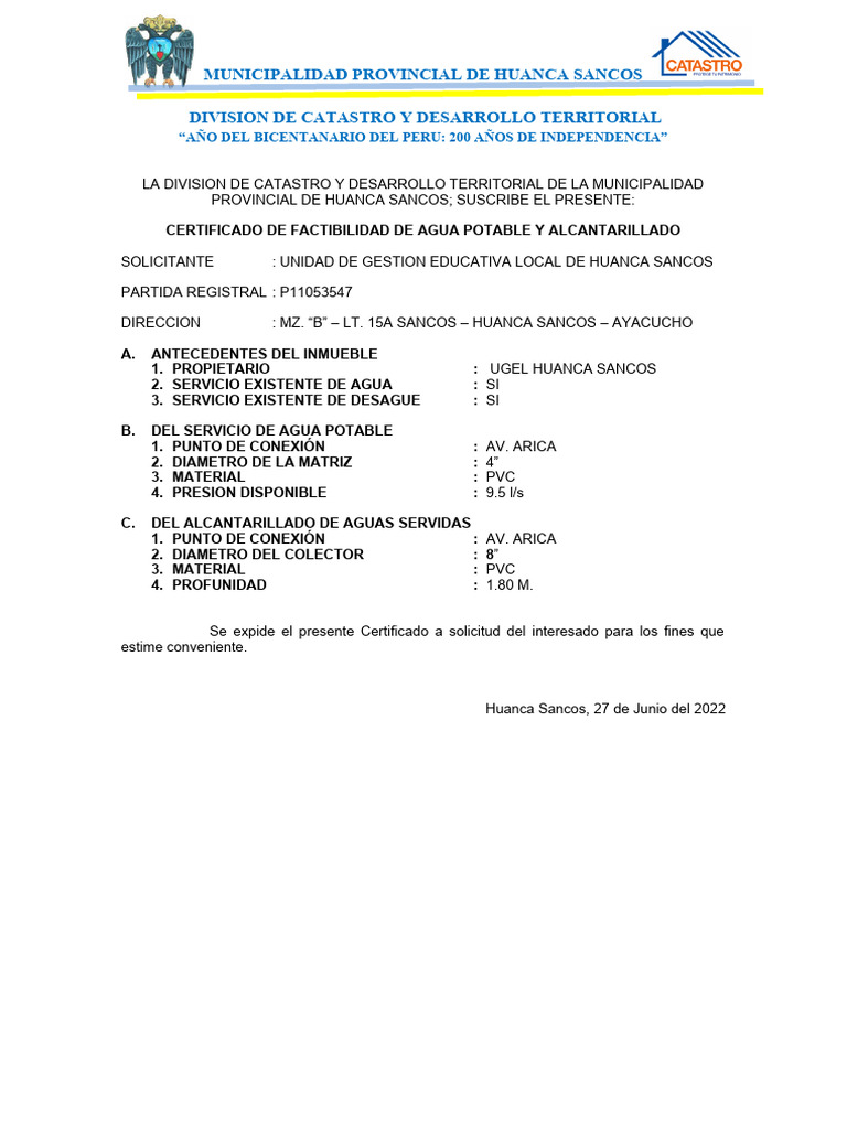 Certificado de Factibilidad de Agua y Alcantarillado | PDF