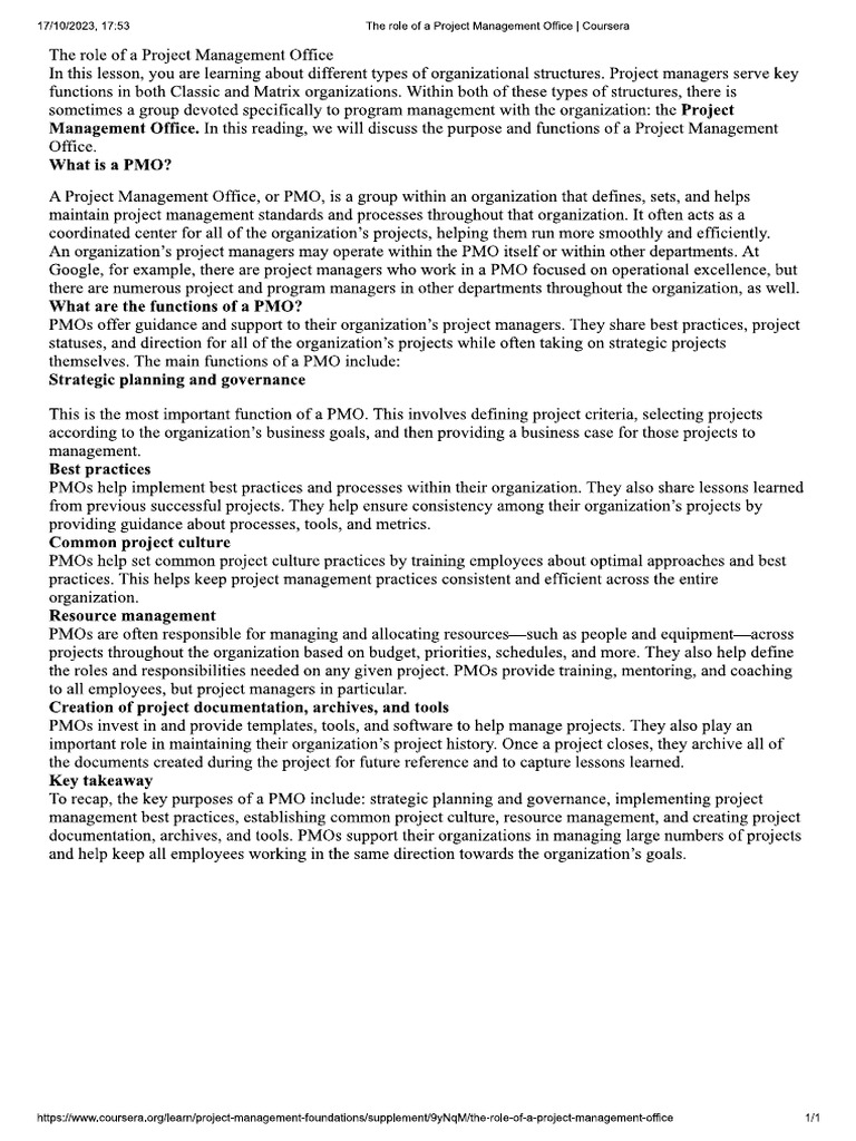 The Role of A Project Management Office | PDF