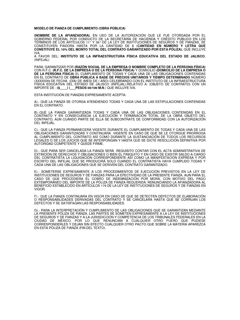 Modelo de Fianza Cumplimiento Fam Potenciado Fed | Descargar gratis PDF | Póliza de seguros ...