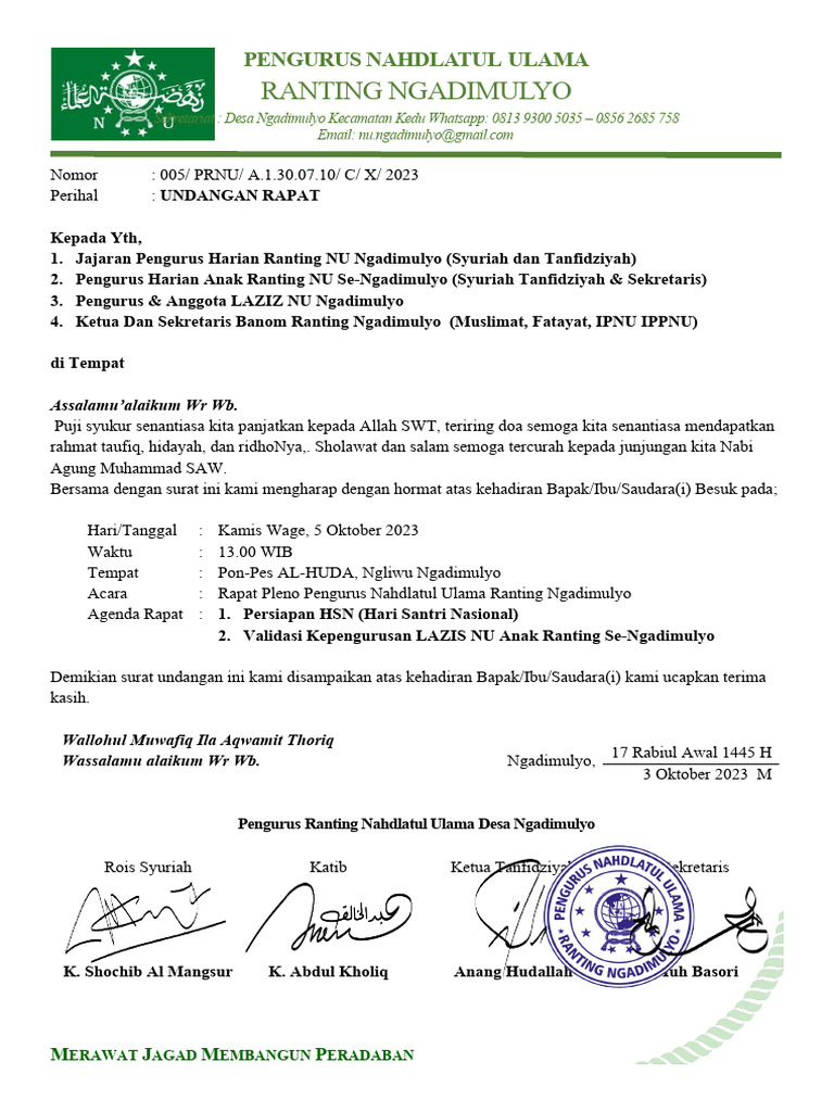 Contoh Undangan Rapat Pleno HSN Ranting NU | PDF
