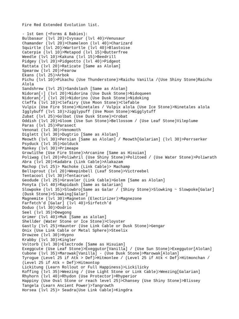 Fire Red Extended Evolution Guide | PDF | Pokémon | Mythopoeia