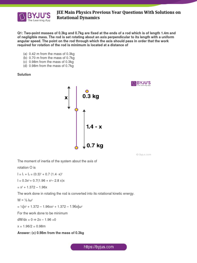 JEE Main Physics Previous Year Questions With Solutions On Rotational Dynamics | PDF | Rotation ...