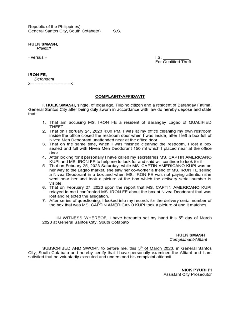 Qualified Theft Complaint in General Santos | PDF | Affidavit | Justice