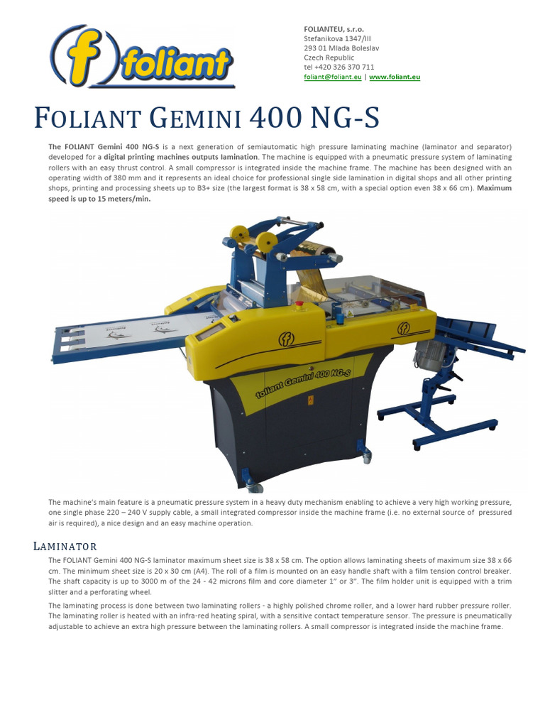 FOLIANT Gemini 400 NG-S Laminator | PDF | Lamination | Manufactured Goods