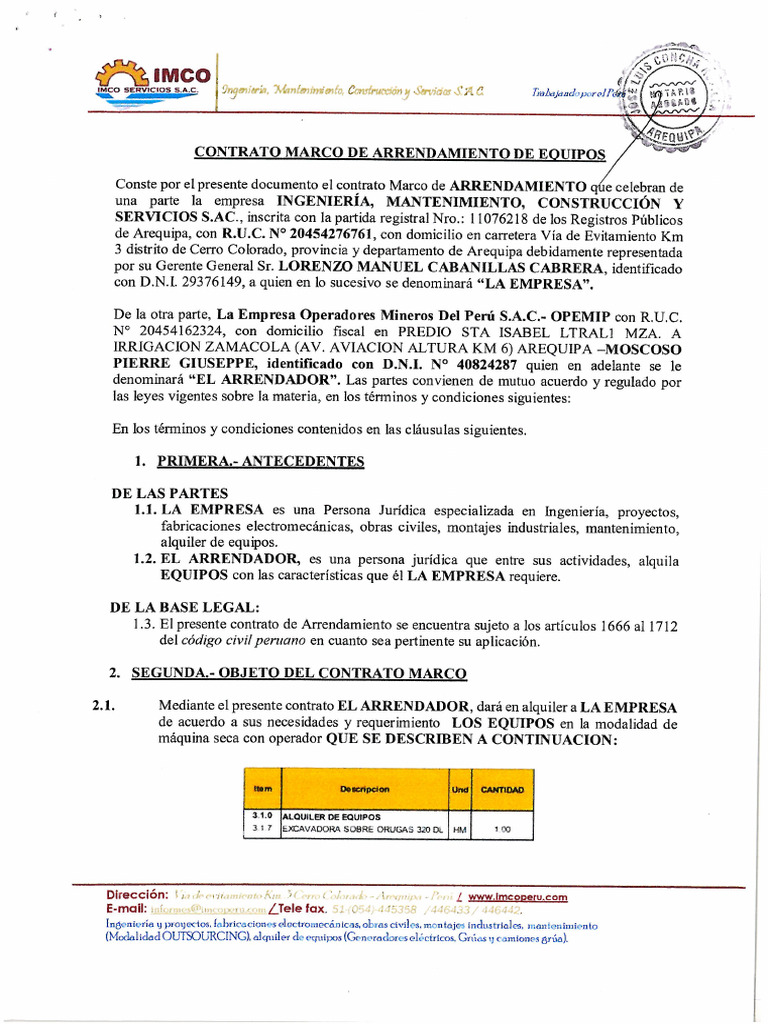 Contrato de Opemip Excavadora 320 DL Todas Las Firmas | PDF