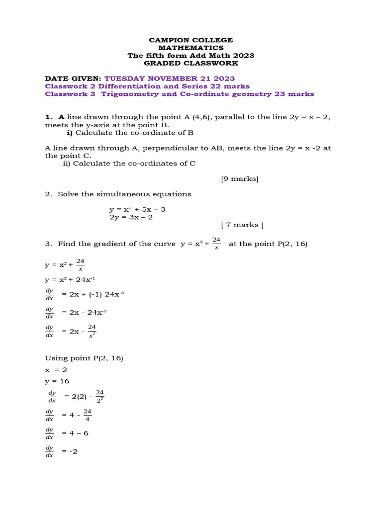Add Math Classwork: Differentiation & Series | PDF | Mathematics | Geometry
