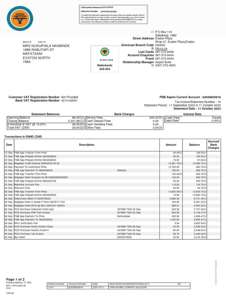 Mrs Nokuphila Nkabinde 1889 Rabutapi ST Mafatsani Evaton North 1984 ...